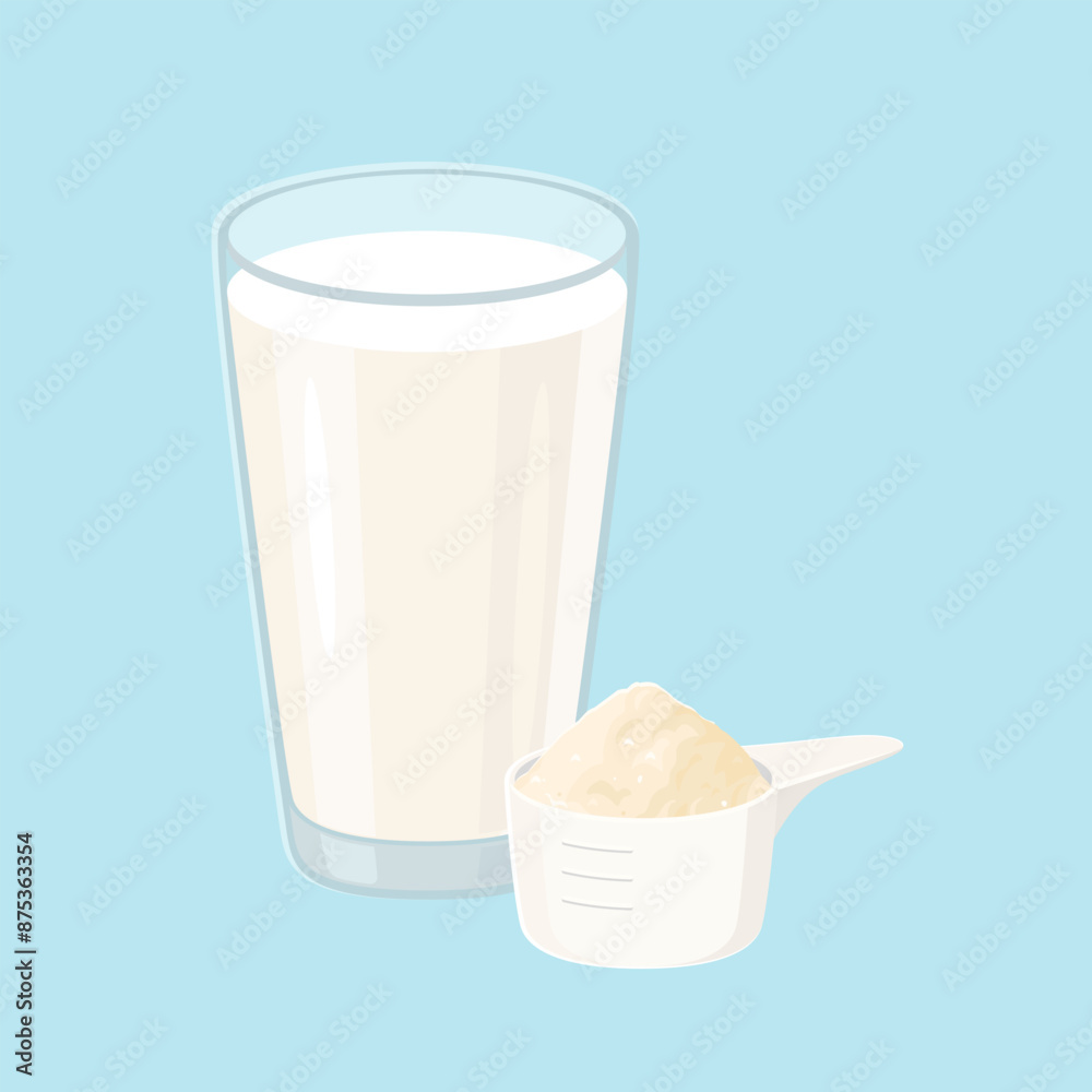 Protein shake in glass and powder in spoon. Sport supplement. Vector ...