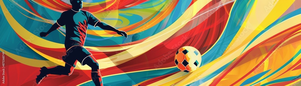 Colorful abstract art of a soccer player kicking a ball against a ...