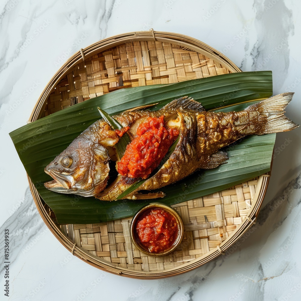 a fried Asian sea bass fish with a red sauce paste on top served with ...