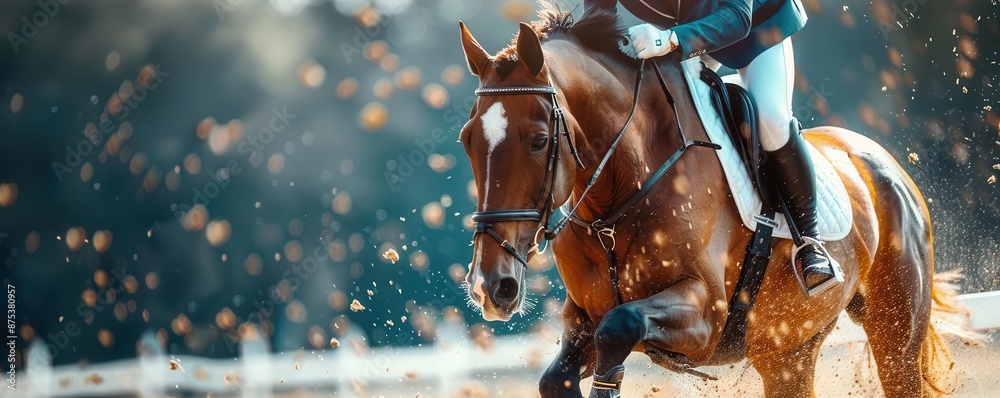 Eventing rider celebrating after competition, gold medal in hand, copy ...