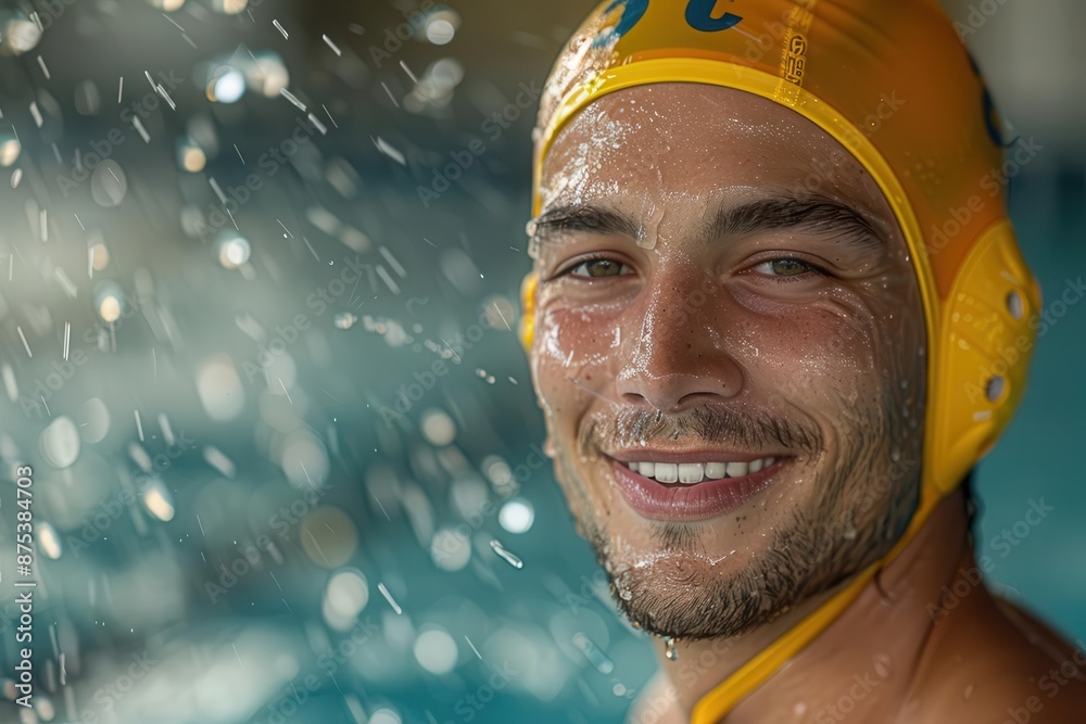 Water polo player holding gold medal, water splashing, proud expression ...