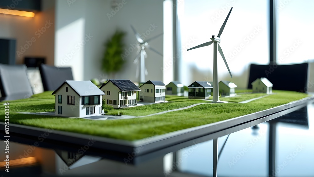 wind turbine model on a conference table surrounded by scale model ...