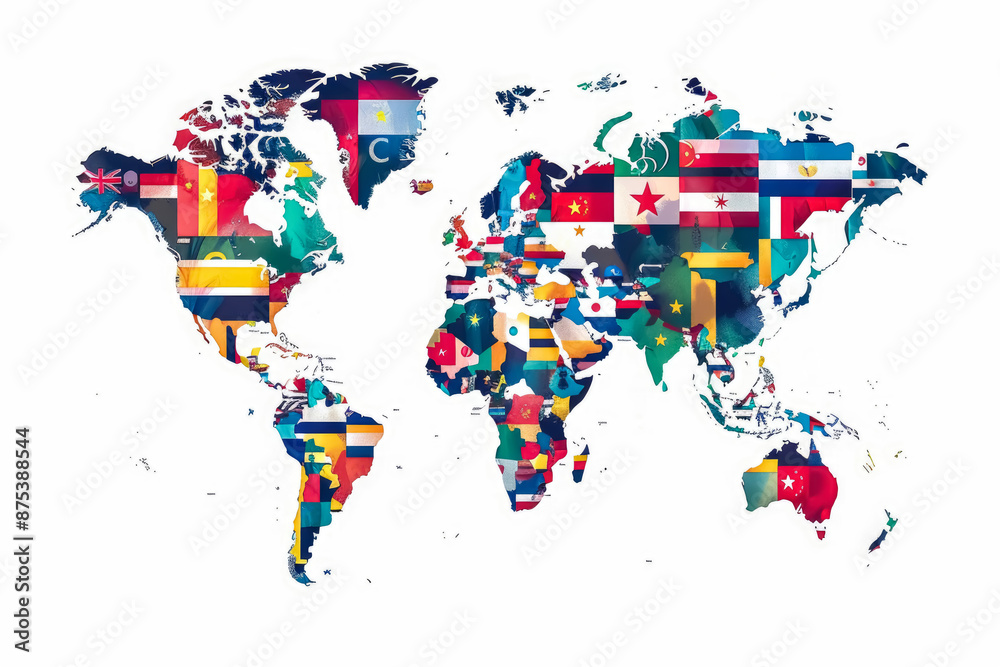 Artistic world map with stylized country borders, the scene captures ...