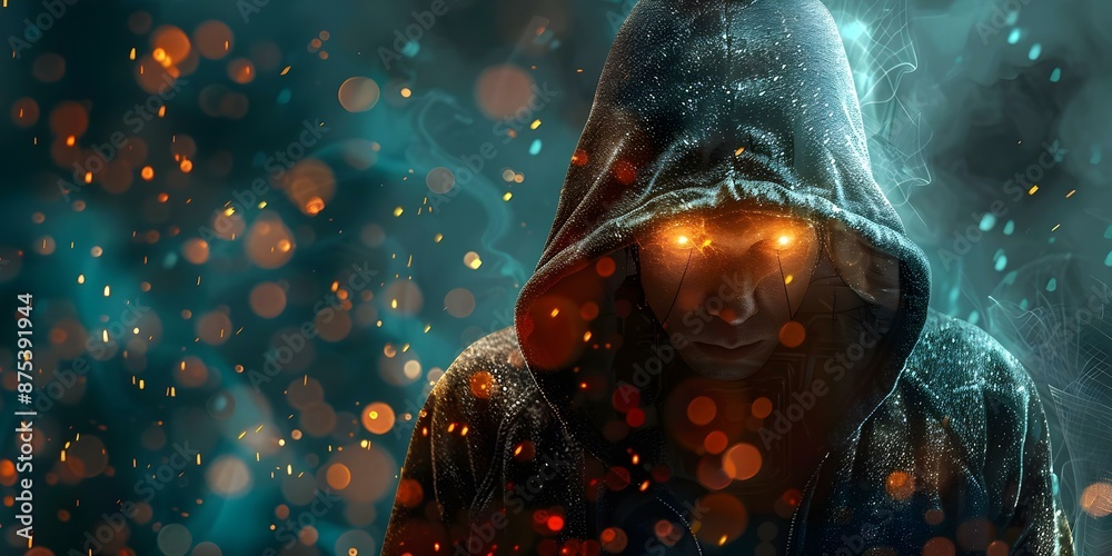 Hacker in hoodie breaching cybersecurity by hacking into computer ...