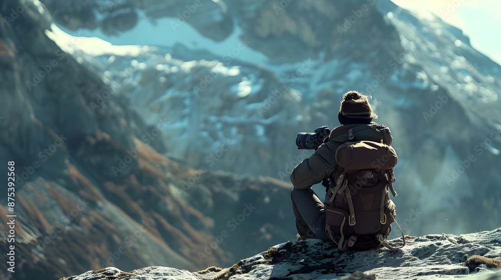 A camera set against the stunning backdrop of a mountain range ...