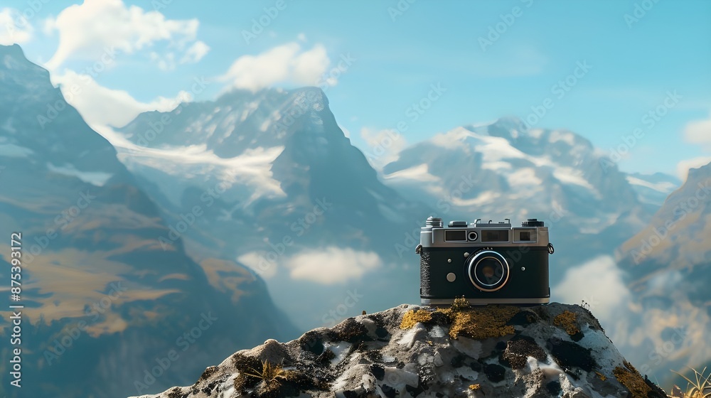 A camera set against the stunning backdrop of a mountain range ...