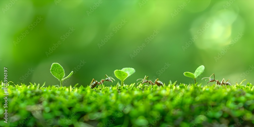 Ants working together to carry leaves against a green grass background ...