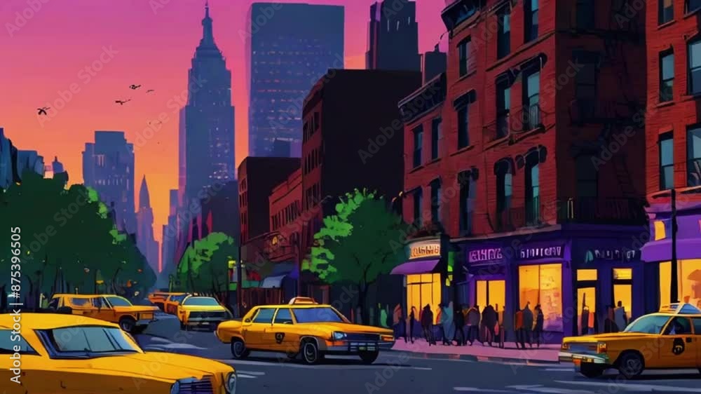 A 1980s-inspired City scene buildings, taxis, street performers ...