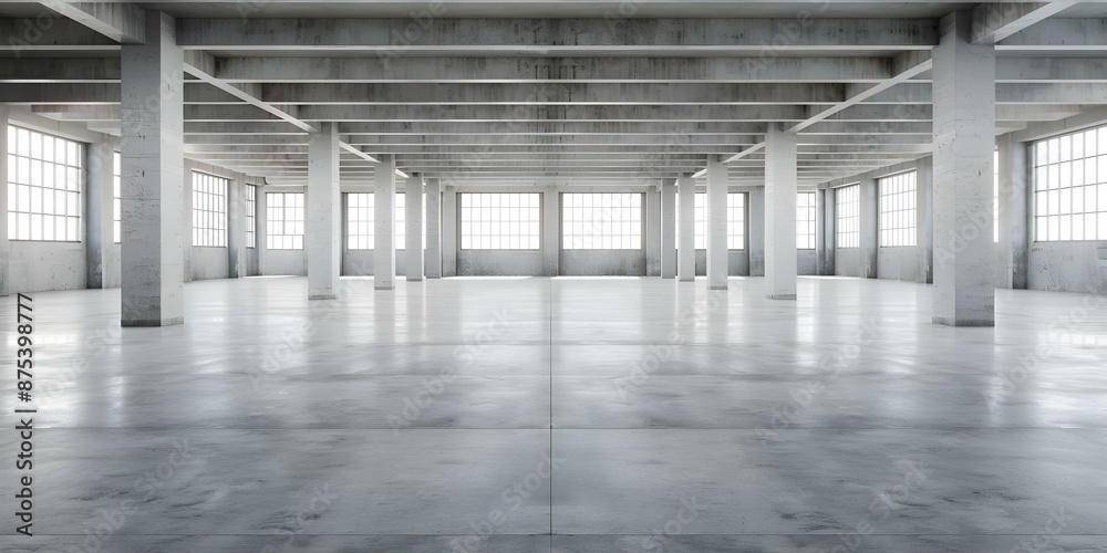 Deserted factory with concrete floor and metal beams in ceiling devoid ...