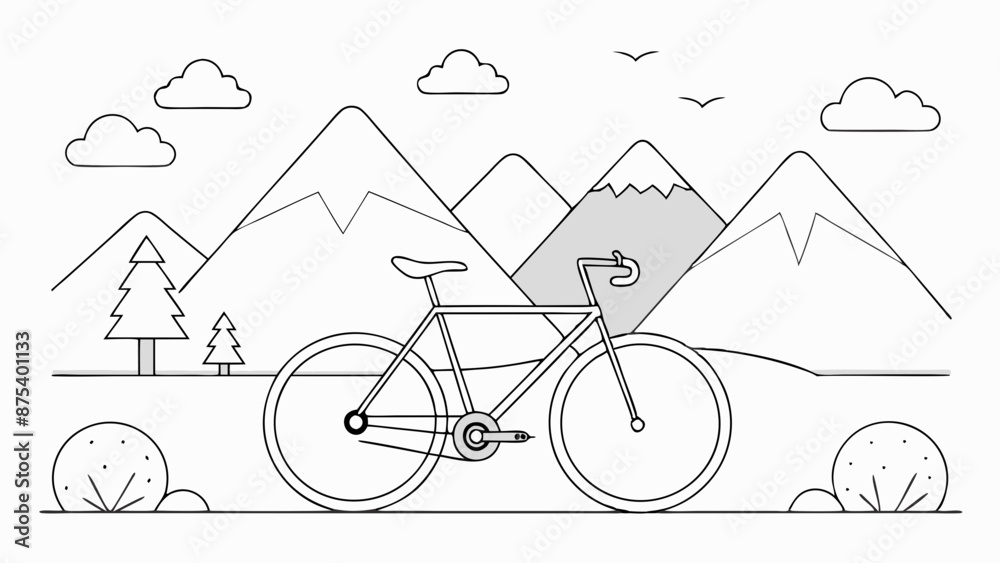 coloring page, a road bike with a beautiful scenery alpes, designed for ...