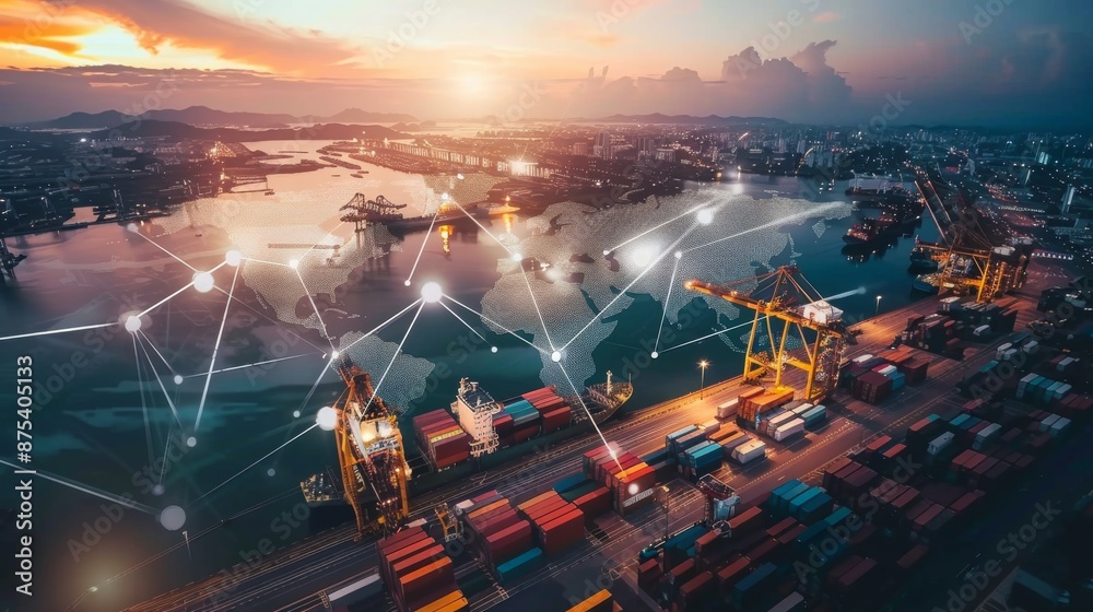 An image showing a logistics hub in a bustling port at sunset, with a ...