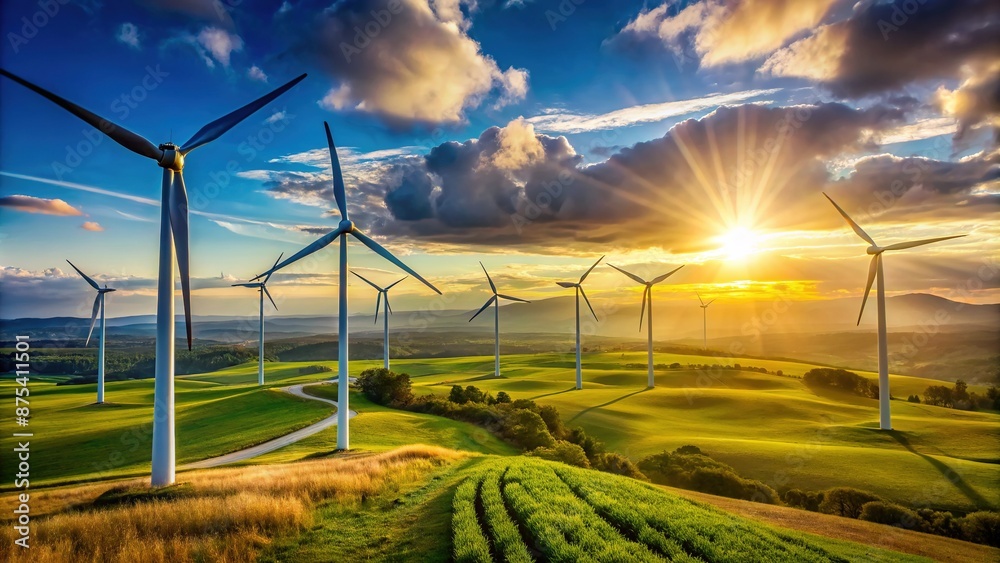 Turbine blades spinning in open landscape generating electricity from ...