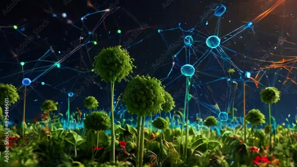 ecosystem where plants and animals are represented by data particles ...