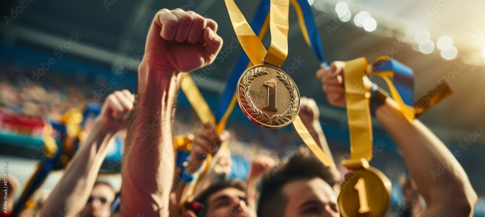Athletes Celebrating Gold Medals on Winner's Podium Under Bright ...