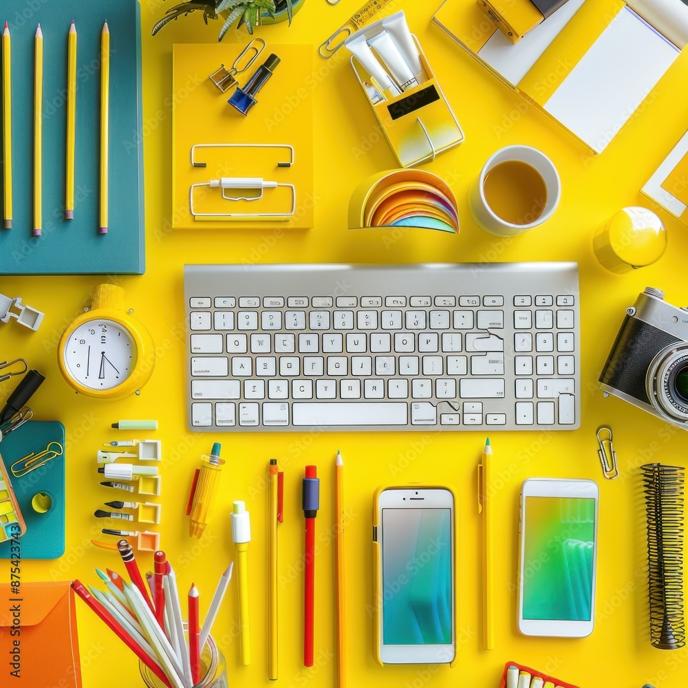 Bright and Colorful Office Desk with Computer, Smartphones, and Art ...