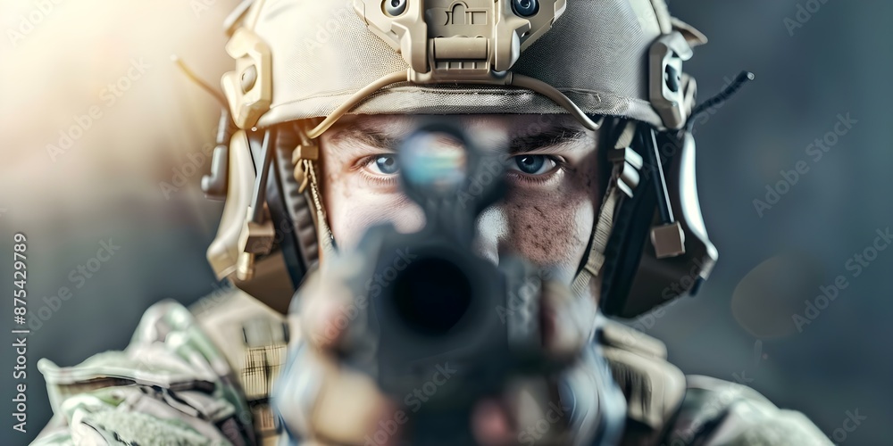 A special forces soldier using a machine gun with a collimator sight in ...