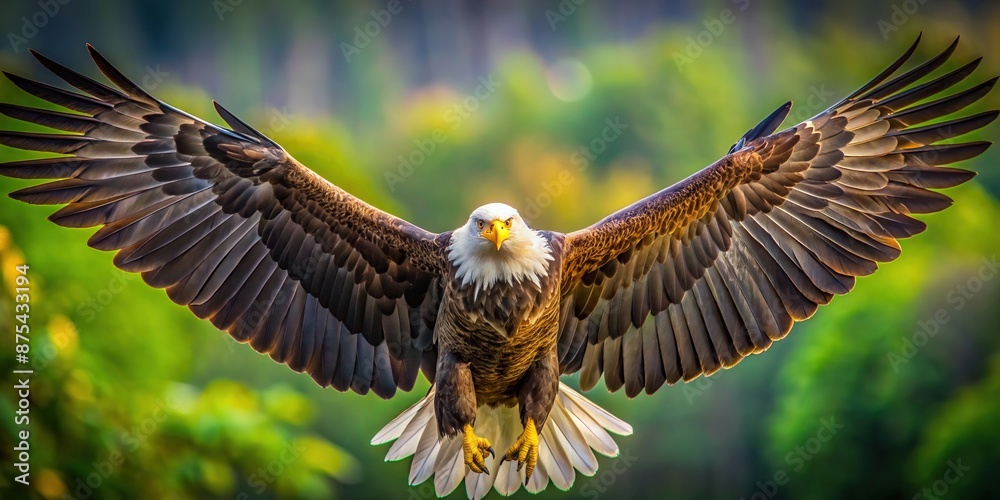 Majestic bald eagle spreads wings wide on a vibrant green background ...