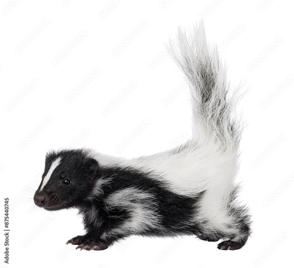 Black and white baby skunk standing side ways with bushy tail up ...