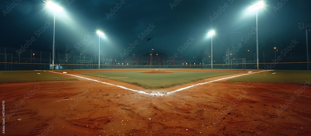 Foto de Brightly lit softball arena at night, empty field with turf and ...