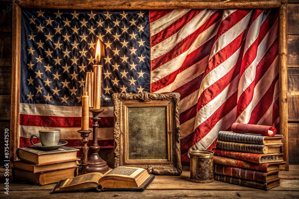 Vintage American flag background with antique patriotic symbols, old ...
