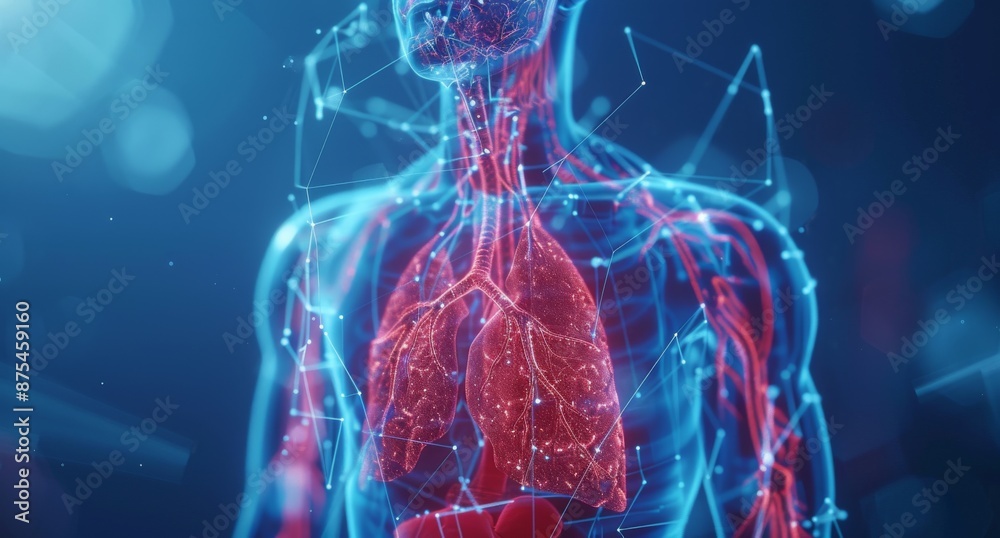 Detailed anatomical illustration of the human respiratory system with ...