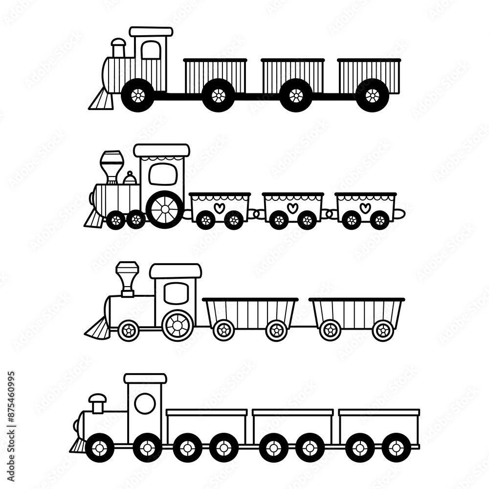Set of cartoon trains in black and white outline, cute line art style ...