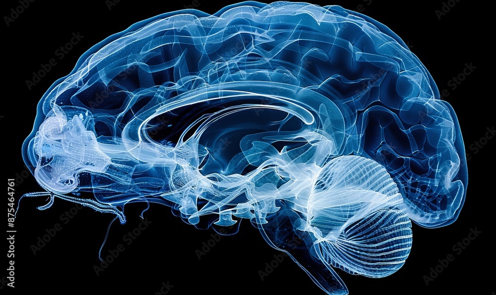 Blue X-ray image of human brain anatomy, 3-D sagittal section (side ...