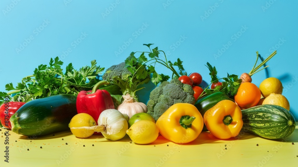 Several types of vegetable and fruit scattered lay on yellow kitchen ...