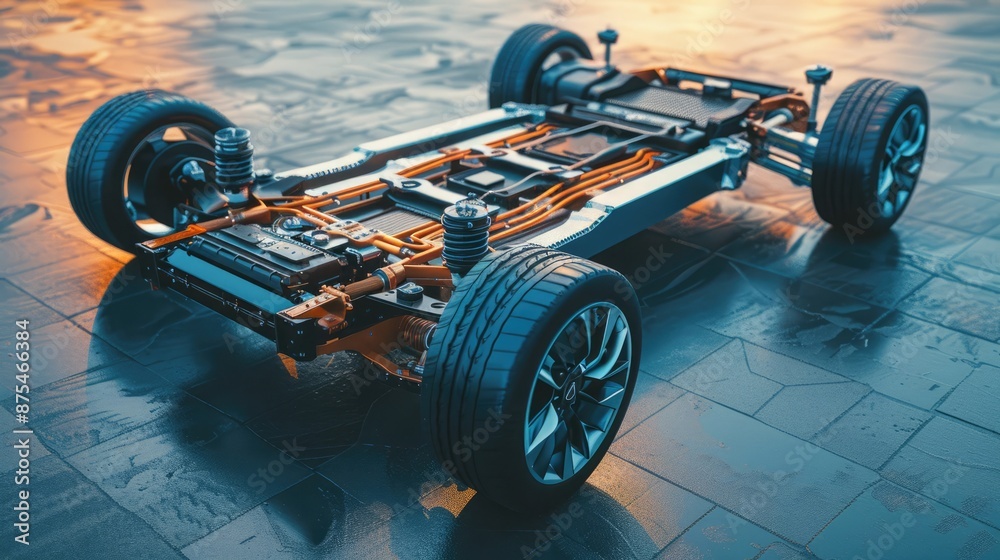 High voltage electric vehicle battery pack in a car chassis, showing ...
