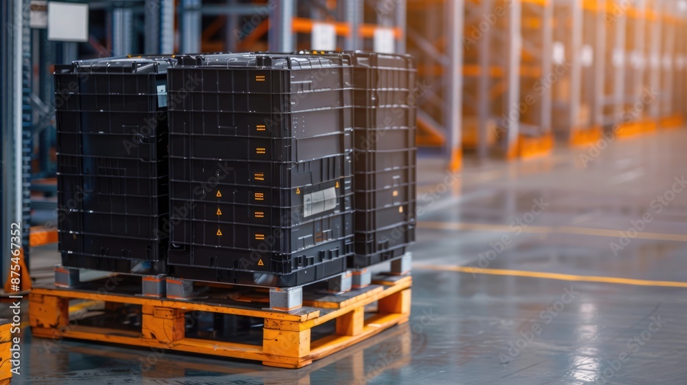 Stacked high voltage electric vehicle batteries on a pallet, warehouse ...