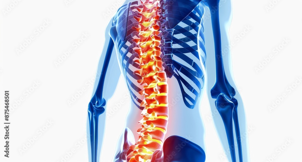 3D illustration of human spine anatomy with highlighted spinal cord and ...