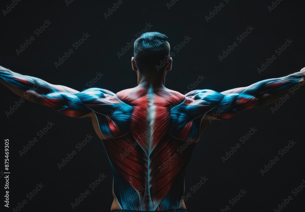 Muscular back of a man in a dramatic blue and red lighting highlighting ...