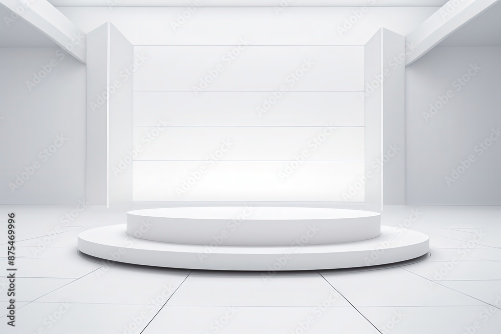 Pure white podium in an all-white room, creating a seamless background ...