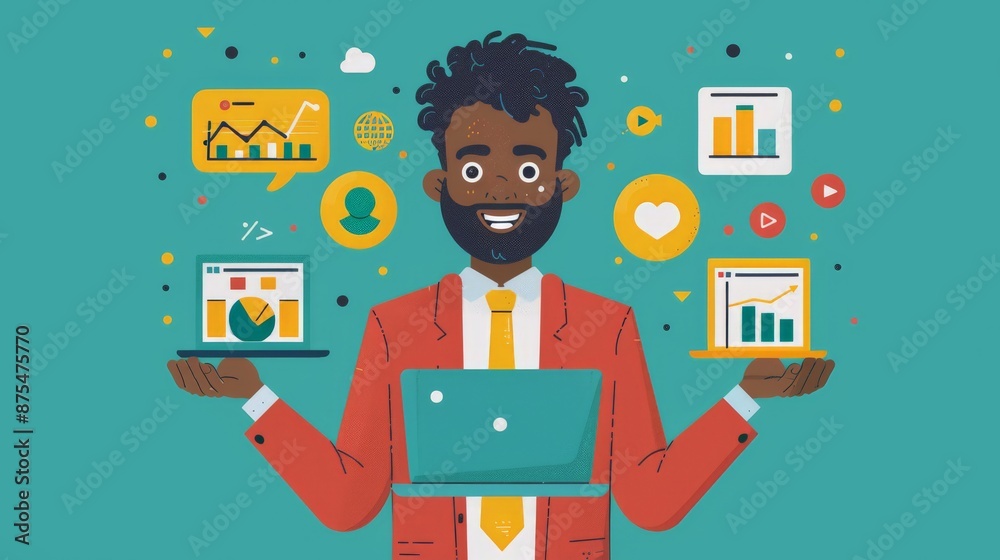 Employee with laptops in animation: one with marketing icons, the other ...