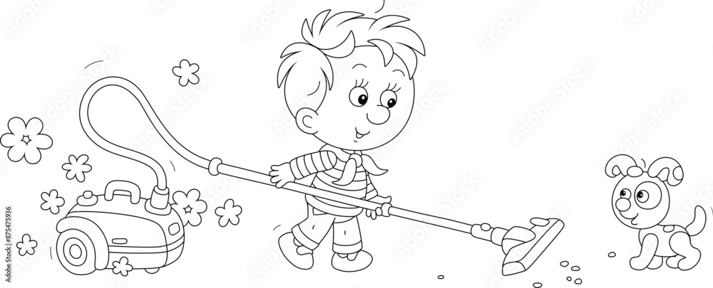 Funny little boy vacuuming his room with a vacuum cleaner, black and ...
