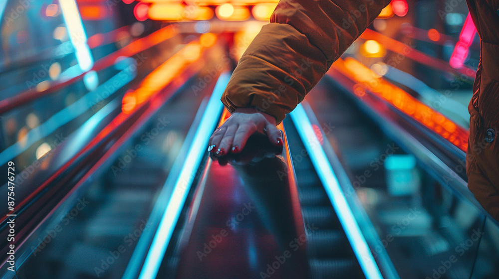 Escalator safety. Person on escalator. Holds on to the railing. Only ...
