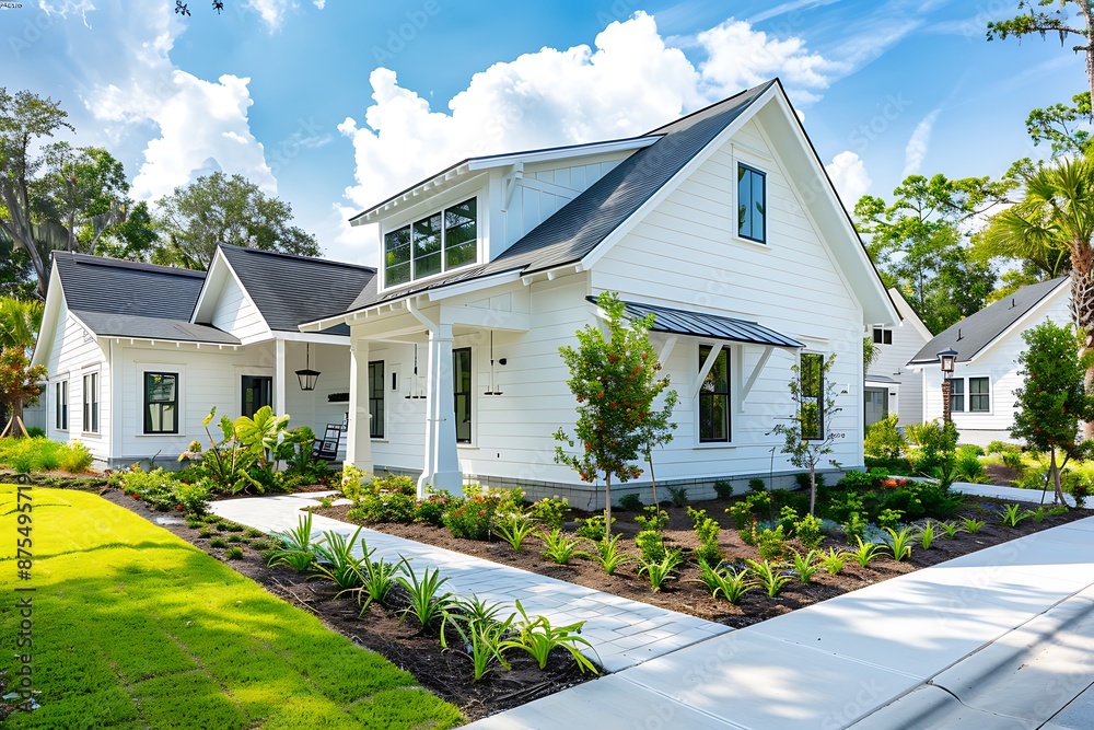 Front view of a new construction cottage craftsman-style white house ...
