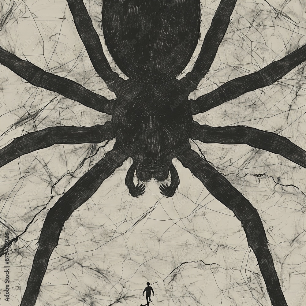 The black-and-white drawing shows a scary giant spider from which a man ...
