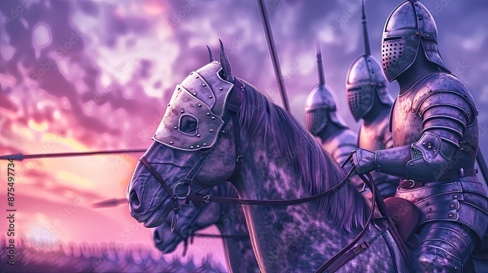 Mounted detachment of medieval knights in metal armor and helmets ready ...