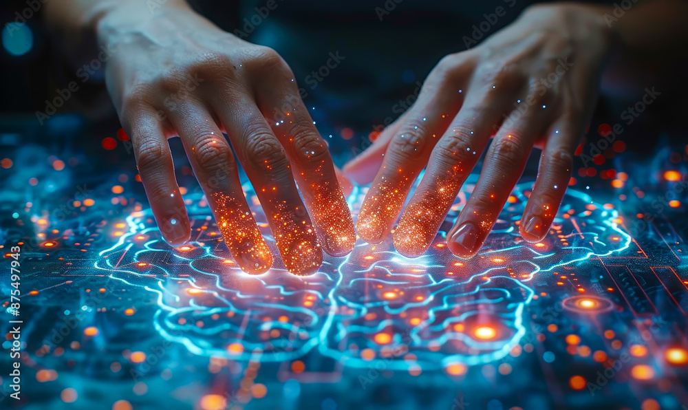 Female Hands Touching Digital Brain with Network Connections ... Female Hands Touching Digital Brain with Network Connections ...