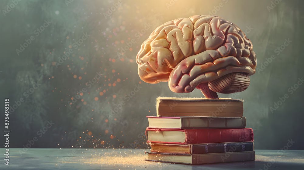 Education concept stack of books with brain illustration, education ...