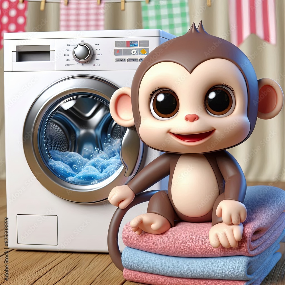 Cute Monkey Holding Washing Machine Cartoon 3d Generative aI Stock ...