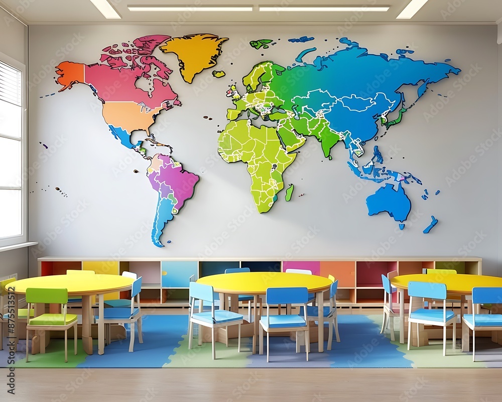 Modern school classroom, colorful world map on the wall, realistic ...