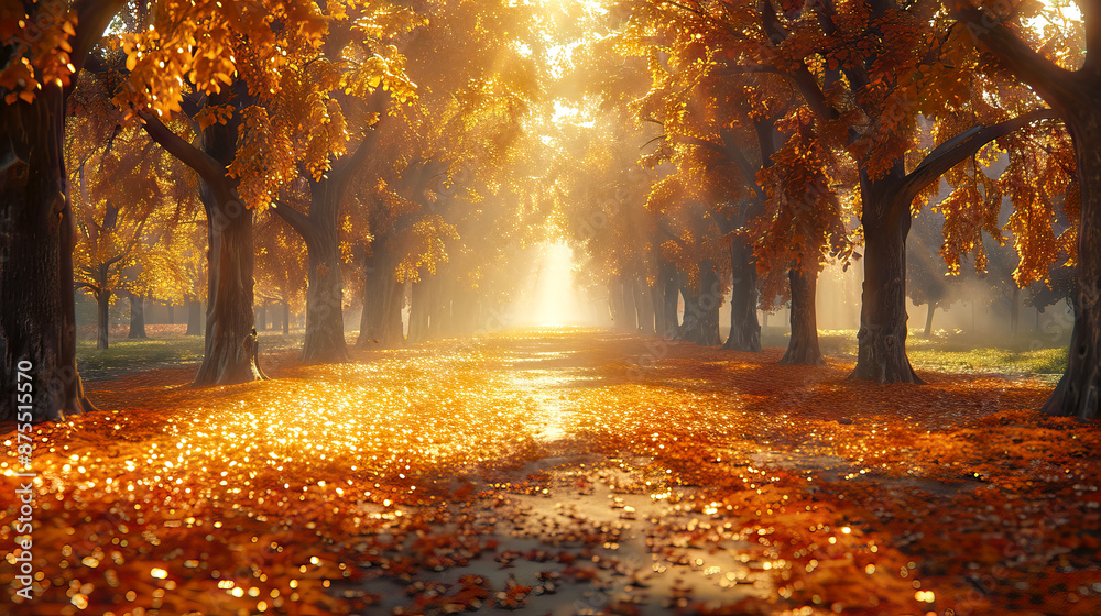 Golden orange path through rows of trees with autumn colored foliage ...