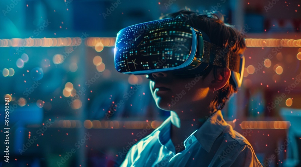 elementary school student with VR headset using AI artificial ...