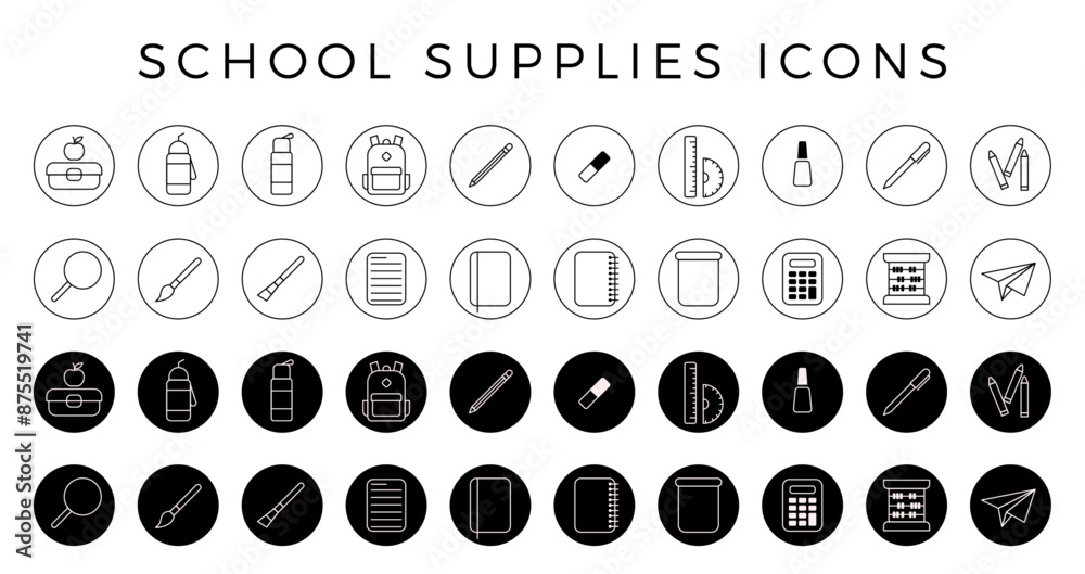 School Supplies Icon set concept. Back to school icon set designs ...