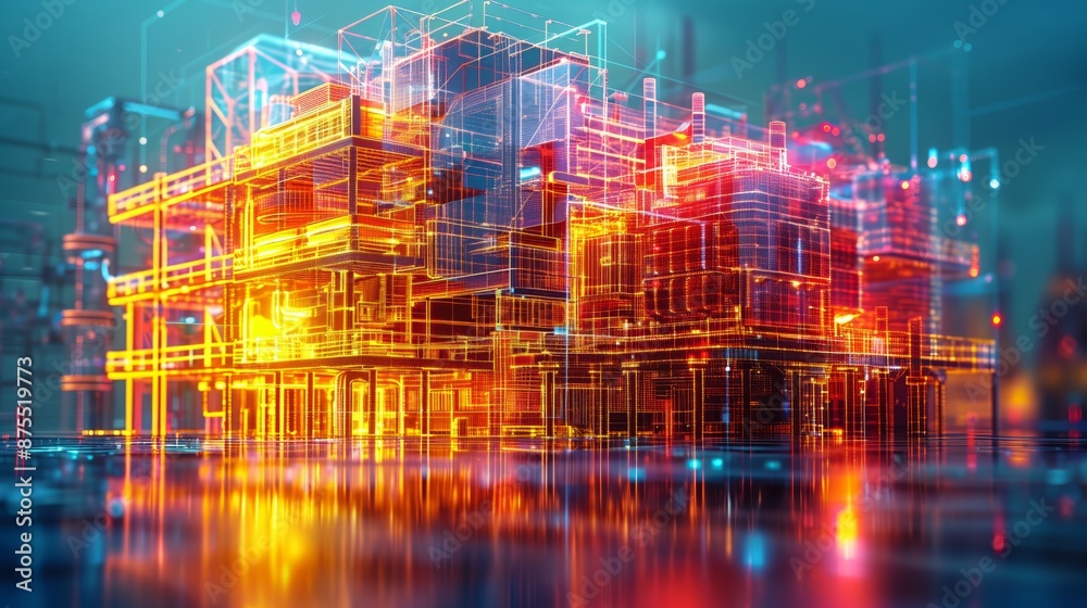 Artwork depicting the scaffolding and structure of a building under ...