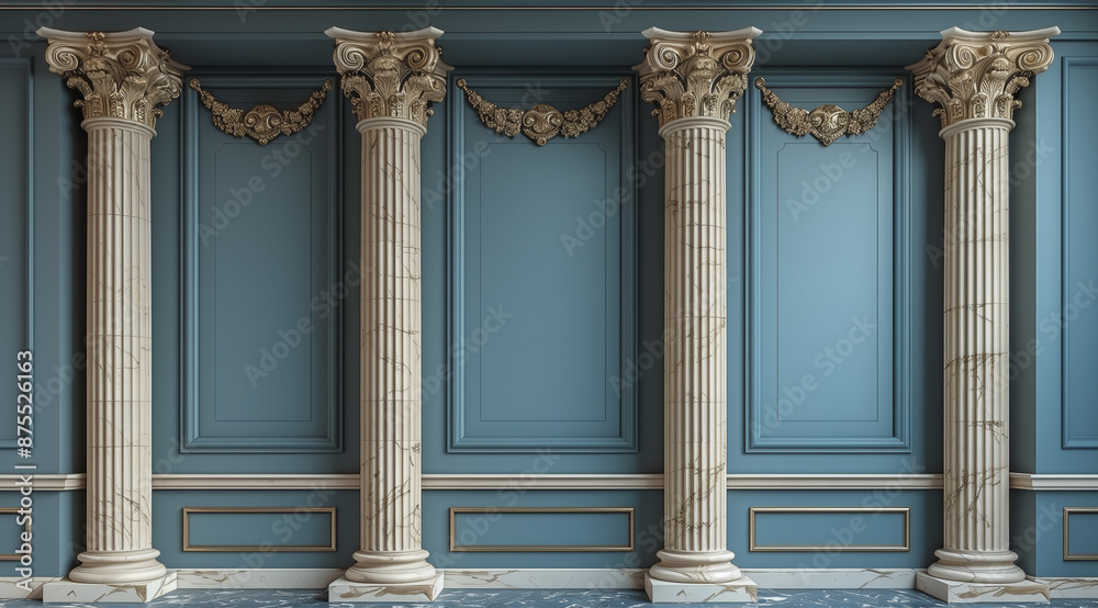 Classical architecture with ornate columns and blue walls in an elegant ...