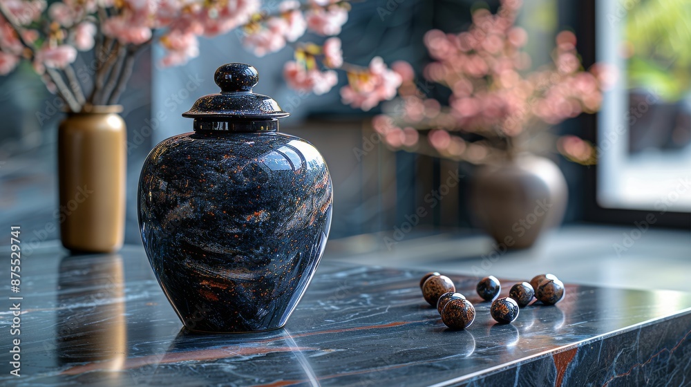 Black memorial urn containing cremated remains as a farewell token at a ...