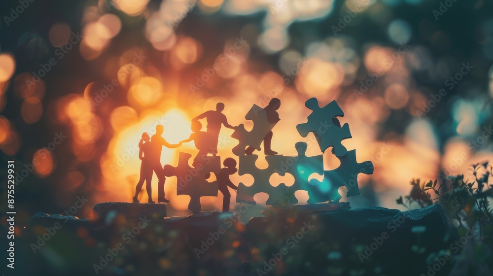 A team of business engineers collaborates, connecting jigsaw puzzle ...